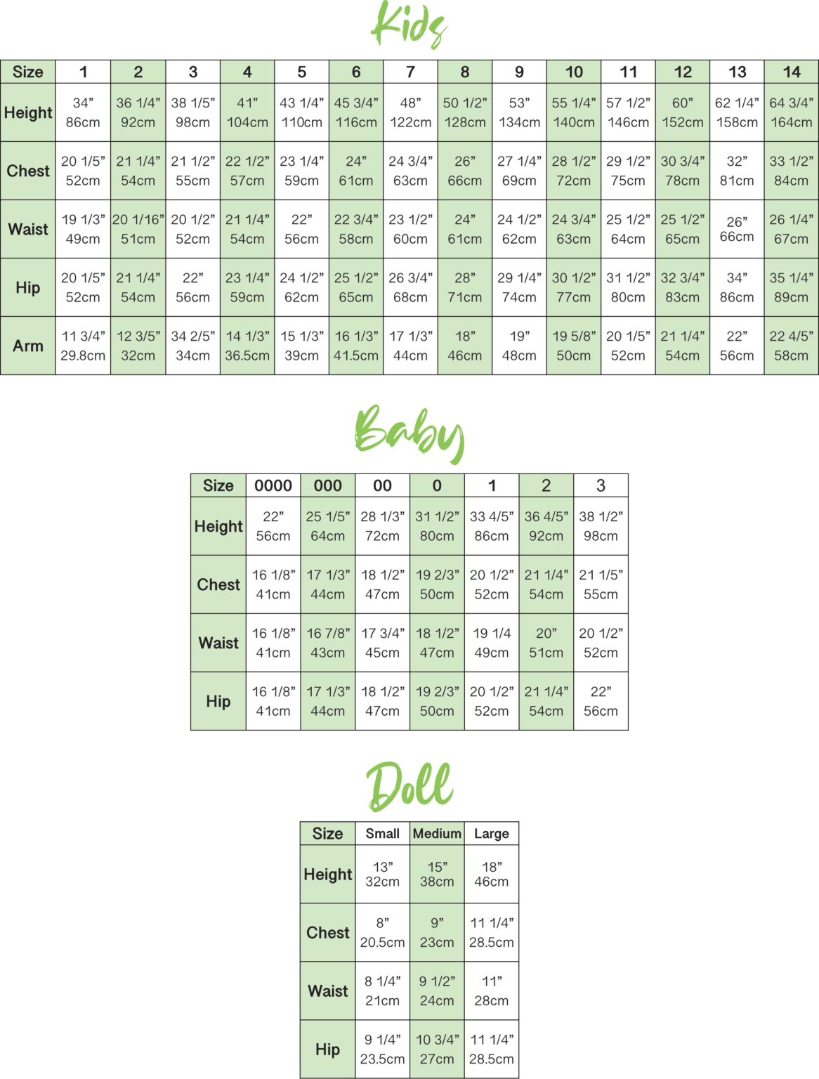 Sizing Charts - Twine Tree